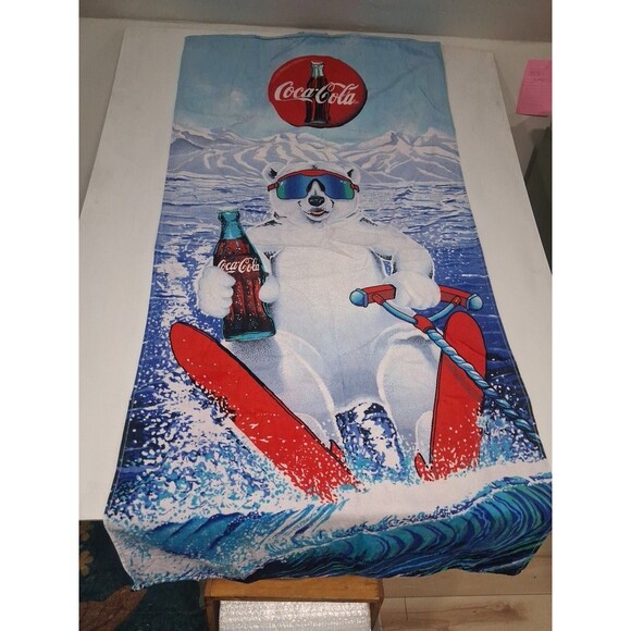 Bath | Vtg 9s Coca Cola Beach Towel Polar Bear Water Skiing Coke Soda ...